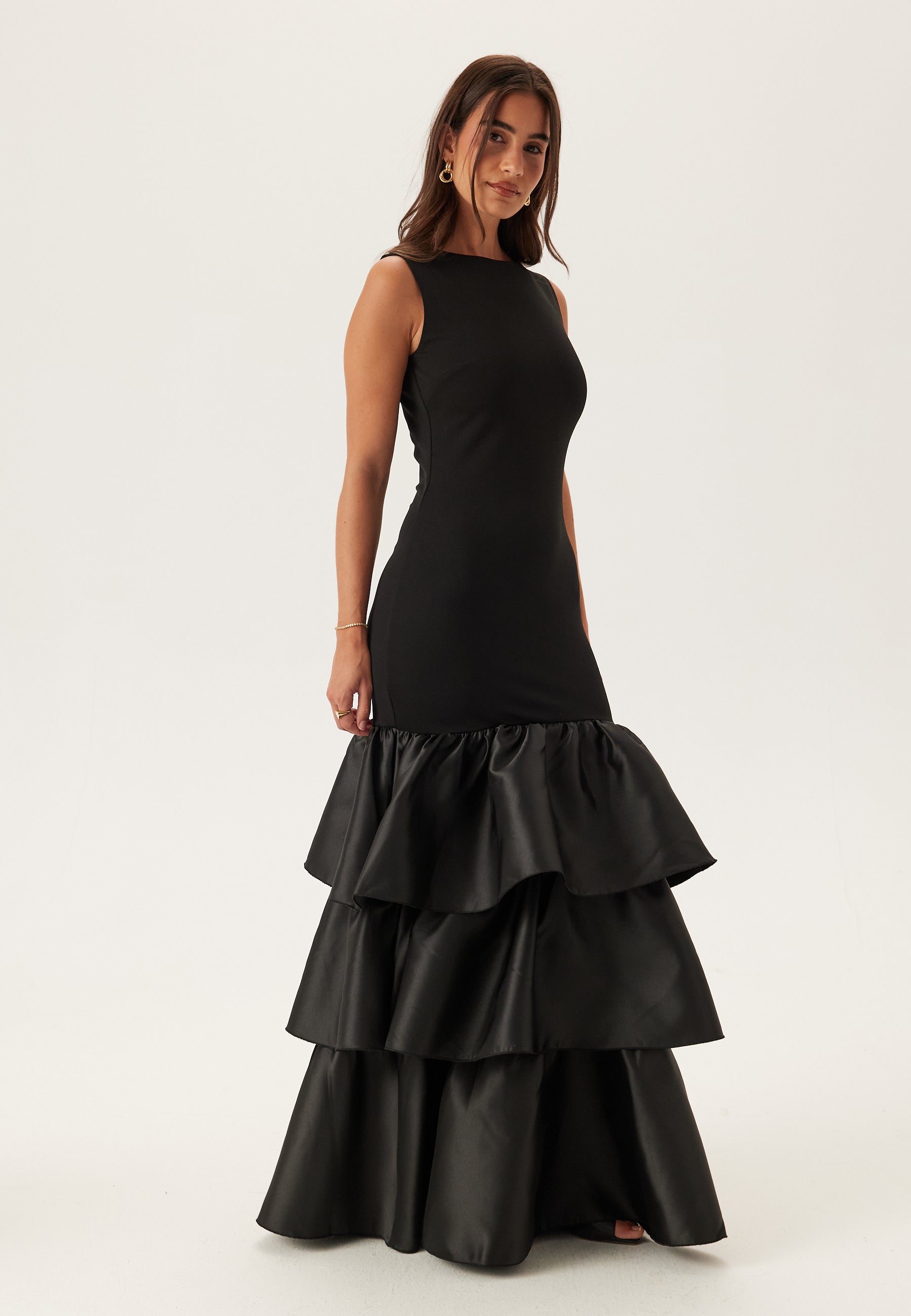 Goddiva – Satin Frill Maxi Dress – Ball gowns – Black