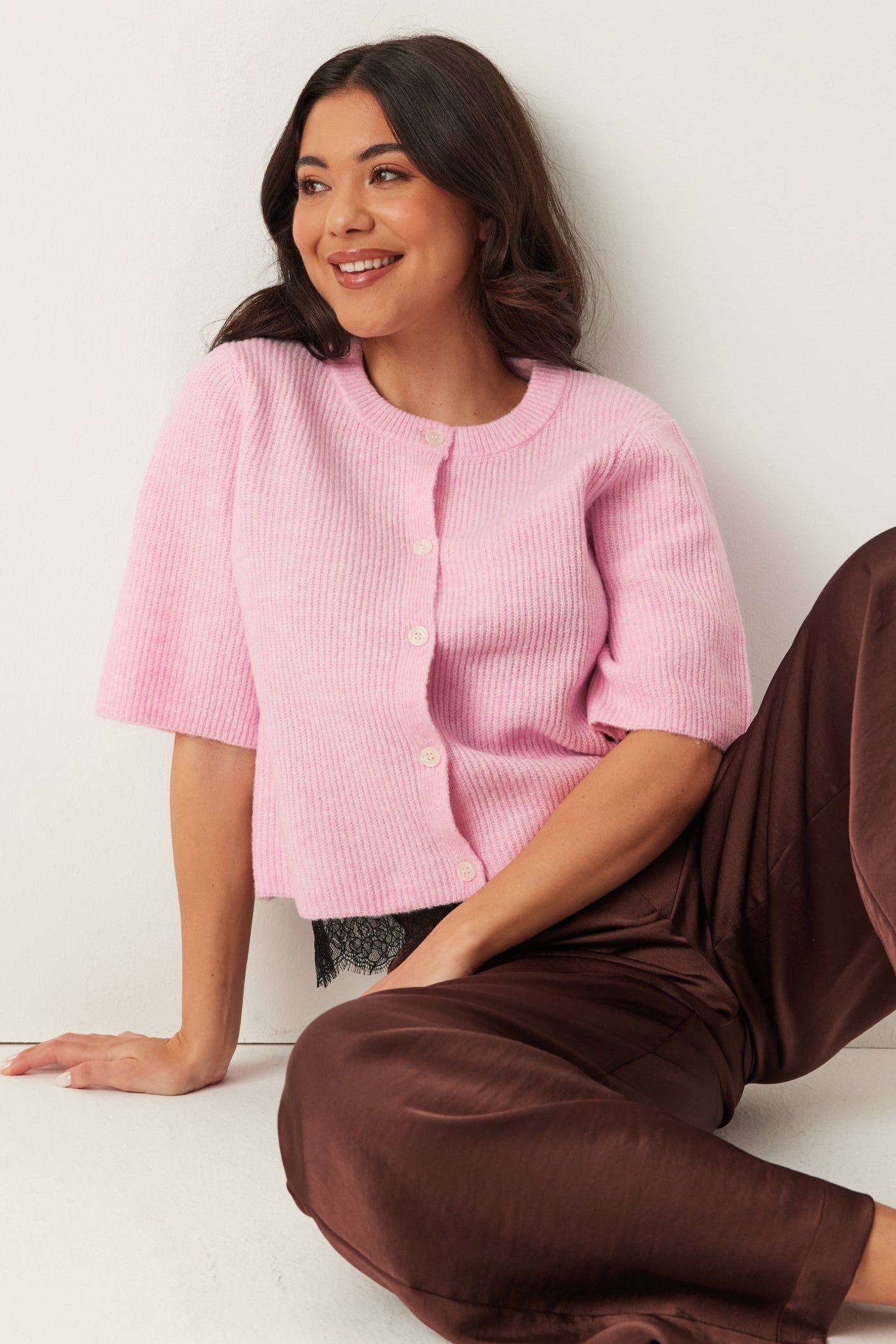 Pieces - Pieces - Pcsilly Ss O-neck Knit Cardiga Roseate Spoonbill ...