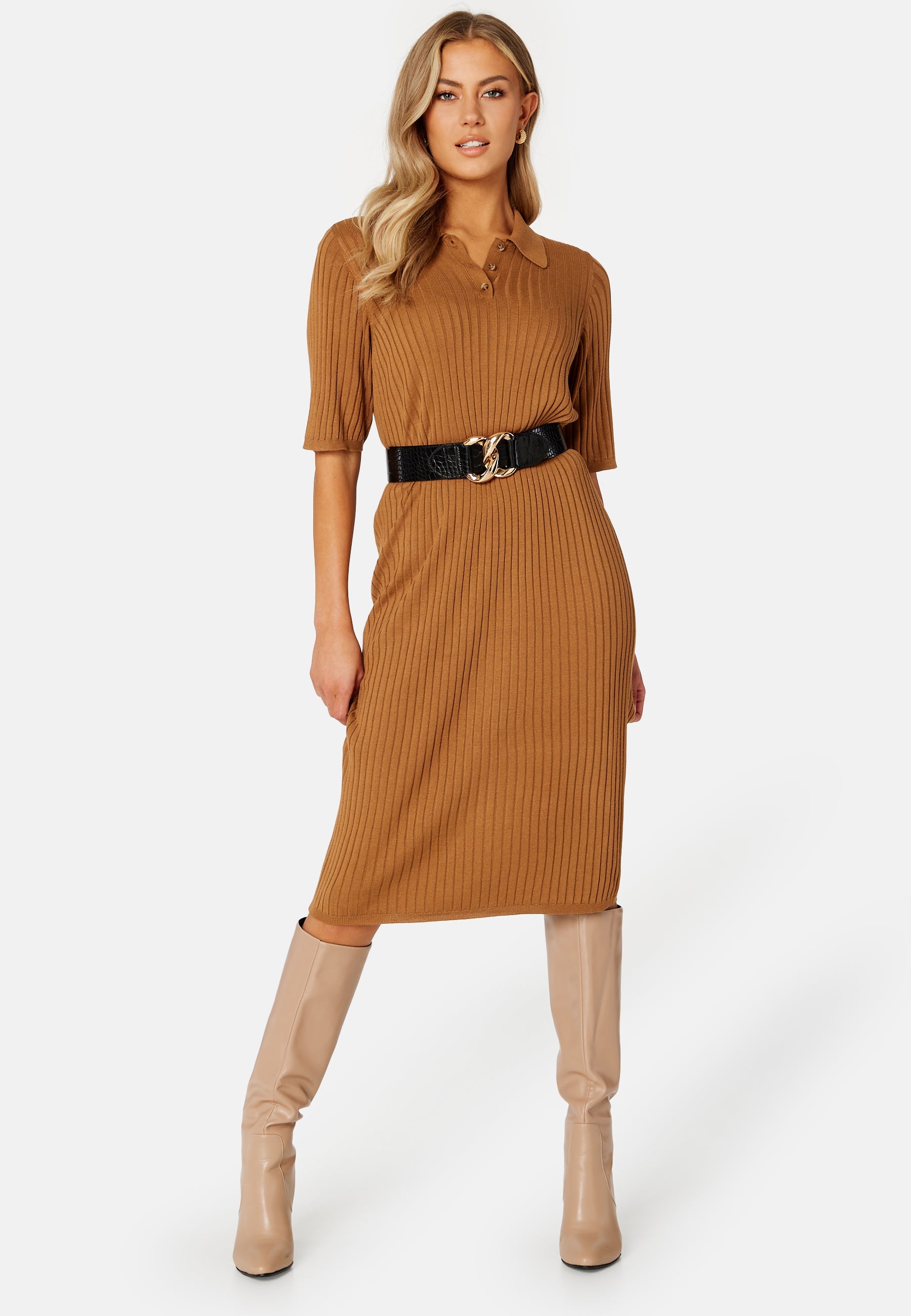 Vila – Rine Polo 2/4 Knit Dress – campaign-outlet – Brown / Beige